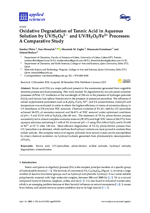 (PDF) Oxidative Degradation of Tannic Acid in Aqueous Solution by UV/S2O82− and UV/H2O2/Fe2 ...