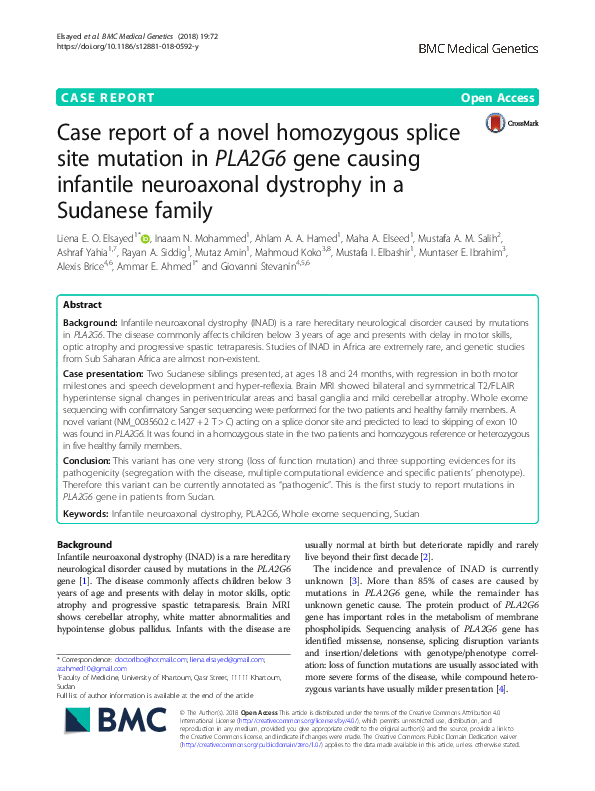 (PDF) Case report of a novel homozygous splice site mutation in PLA2G6 ...
