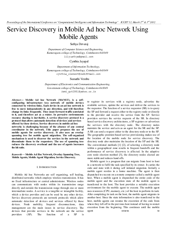 (PDF) Service Discovery in Mobile Ad hoc Network Using Mobile Agents | CYNTHIA JAYAPAL and ...