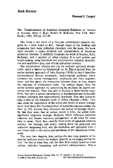 (PDF) The transformation of American industrial relations, by Thomas A. Kochan, Harry C. Katz ...