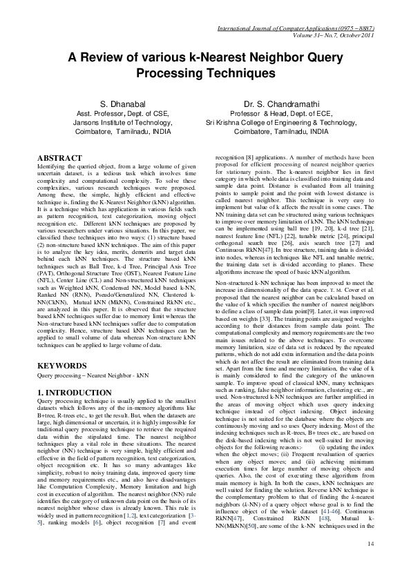 Pdf A Review Of Various K Nearest Neighbor Query Processing Techniques