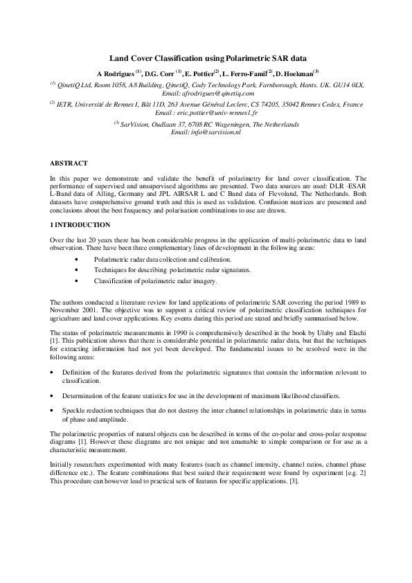 (PDF) Land cover classification using polarimetric SAR data