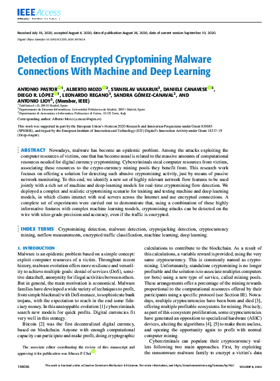 Pdf Detection Of Encrypted Cryptomining Malware Connections With Machine And Deep Learning 