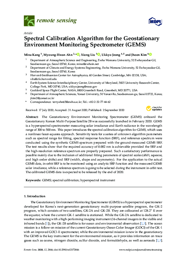 Pdf Spectral Calibration Algorithm For The Geostationary Environment Monitoring Spectrometer