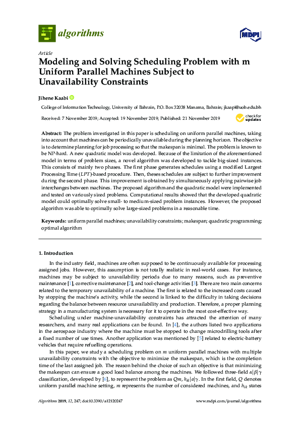 Pdf Modeling And Solving Scheduling Problem With M Uniform Parallel Machines Subject To