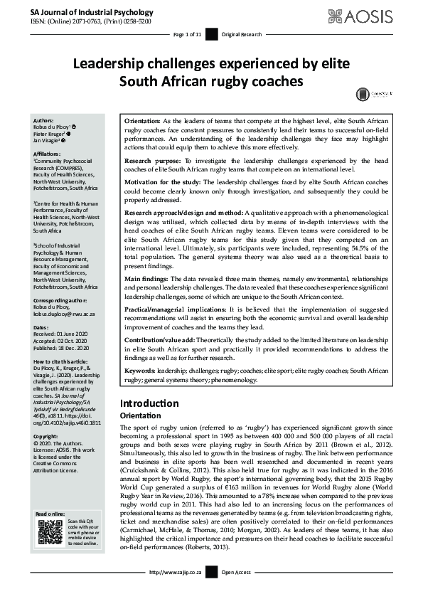 (PDF) Leadership challenges experienced by elite South African rugby ...