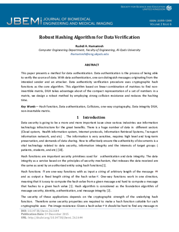 Pdf Robust Hashing Algorithm For Data Verification