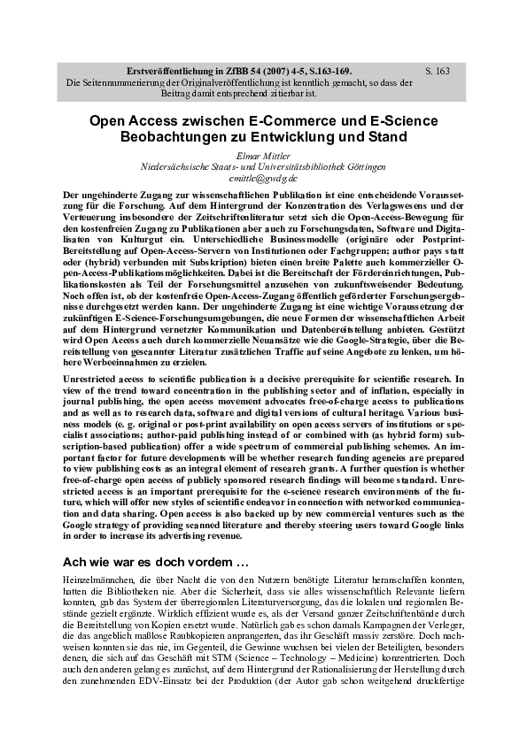 (PDF) Open Access zwischen E-Commerce und E-Science. Beobachtungen zu ...