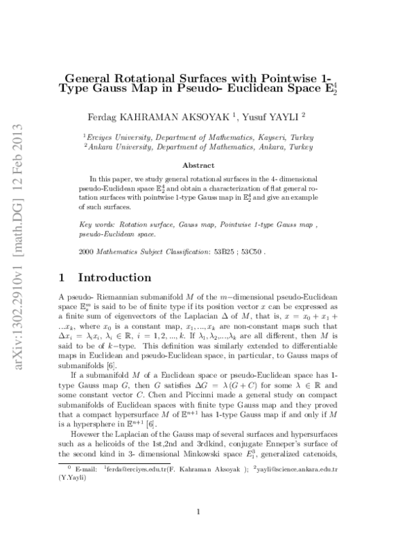 Pdf General Rotational Surfaces With Pointwise 1 Type Gauss Map In Pseudo Euclidean Space E42