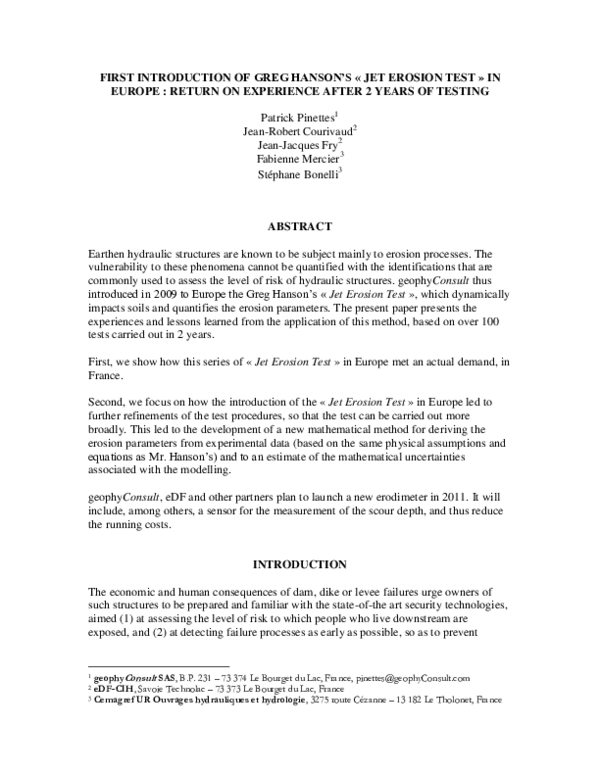 (PDF) First Introduction of Greg Hanson's « Jet Erosion Test » in ...