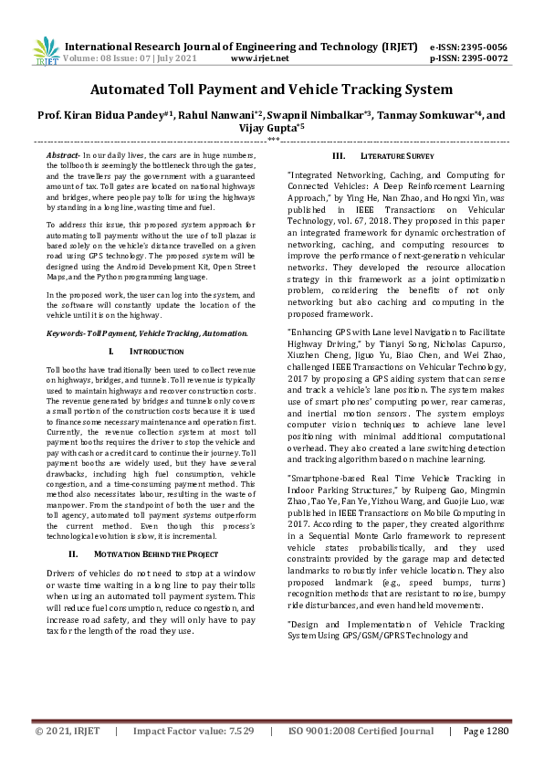 (PDF) IRJET- Automated Toll Payment and Vehicle Tracking System