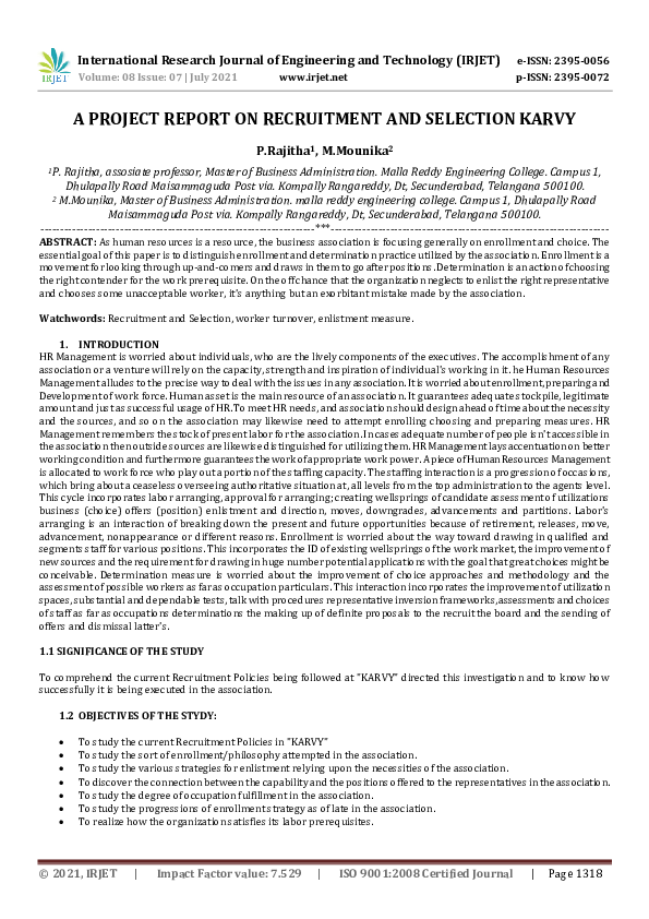(PDF) IRJET- A PROJECT REPORT ON RECRUITMENT AND SELECTION KARVY