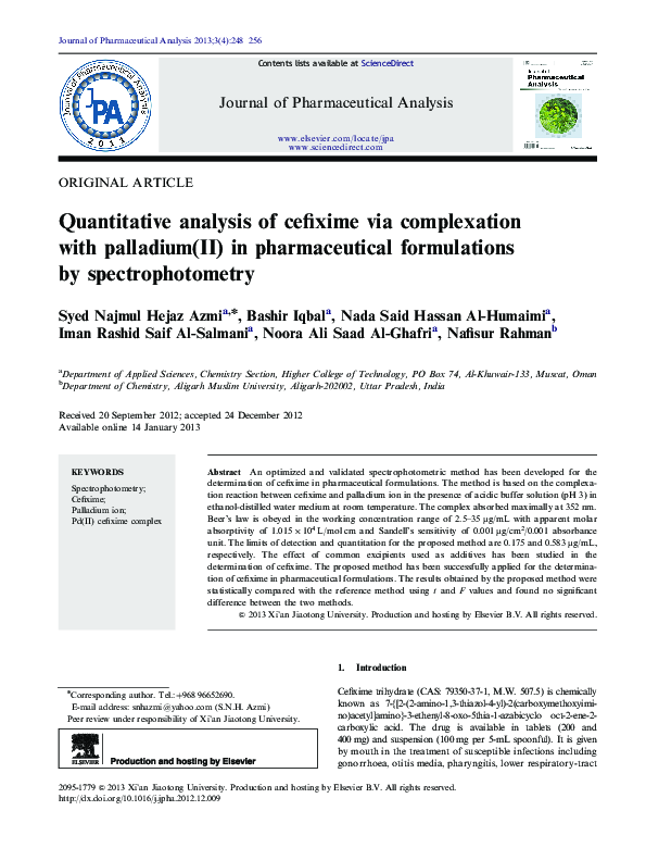 (PDF) Quantitative analysis of cefixime via complexation with palladium(II) in pharmaceutical ...