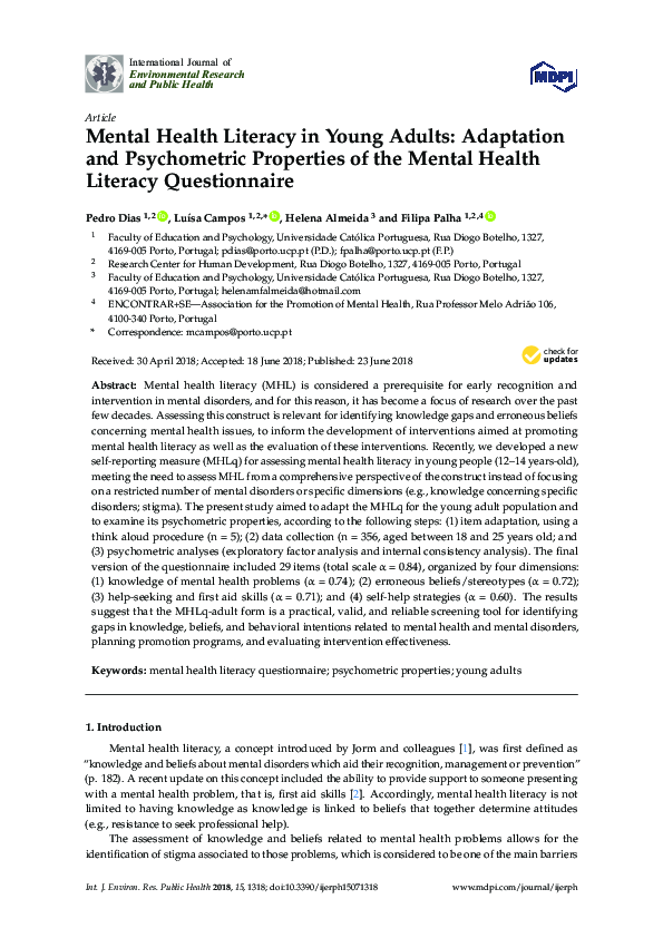 (PDF) Mental Health Literacy in Young Adults: Adaptation and ...