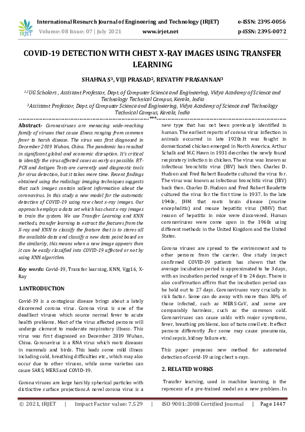(PDF) IRJET- COVID-19 DETECTION WITH CHEST X-RAY IMAGES USING TRANSFER ... (PDF) IRJET- COVID-19 DETECTION WITH CHEST X-RAY IMAGES USING TRANSFER ...
