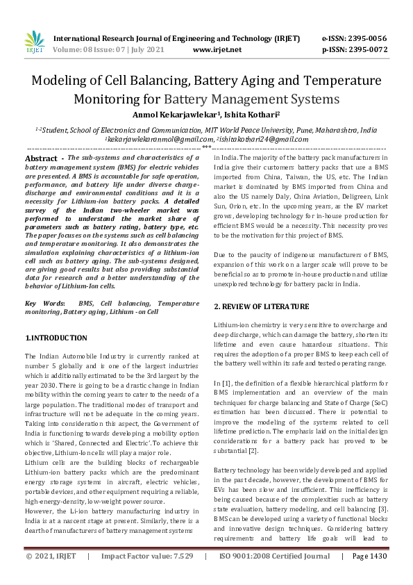 (PDF) IRJET- Modeling of Cell Balancing, Battery Aging and Temperature ...