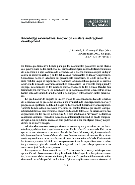 (PDF) Knowledge Externalities, Innovation Clusters and Regional Development