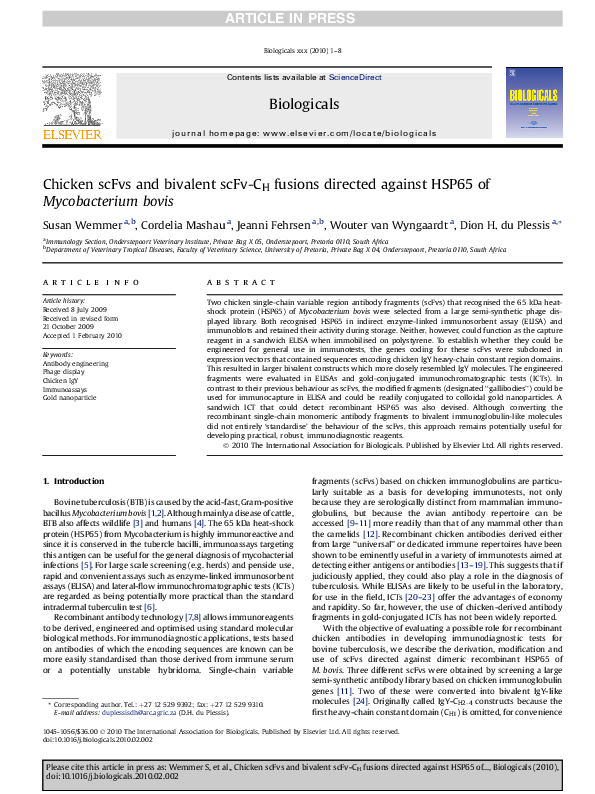 (PDF) Chicken scFvs and bivalent scFv-CH fusions directed against HSP65 ...