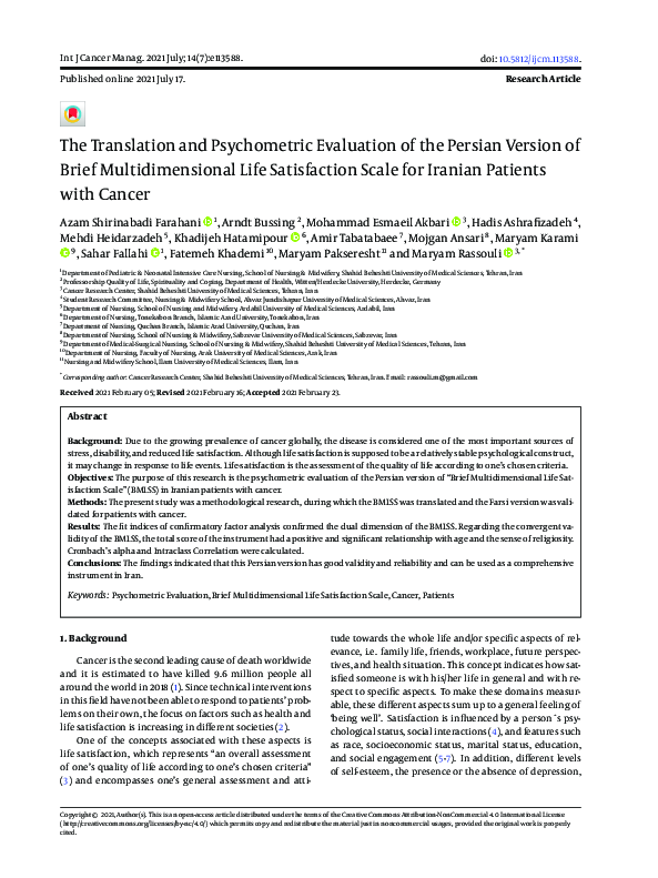 (PDF) The Translation and Psychometric Evaluation of the Persian Version of Brief ...