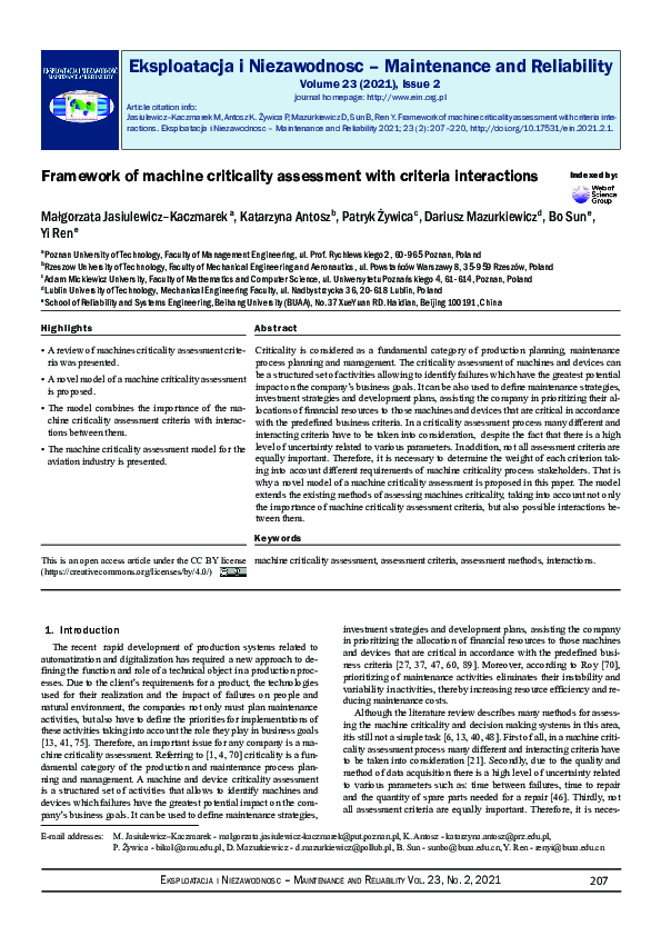 (PDF) Framework of machine criticality assessment with criteria ...