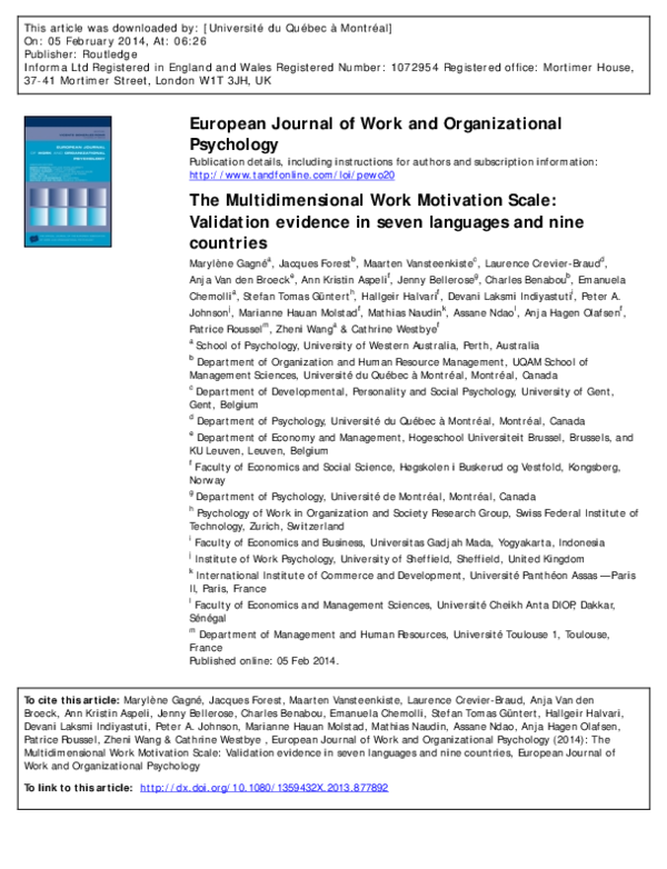 (PDF) The Multidimensional Work Motivation Scale: Validation evidence ...