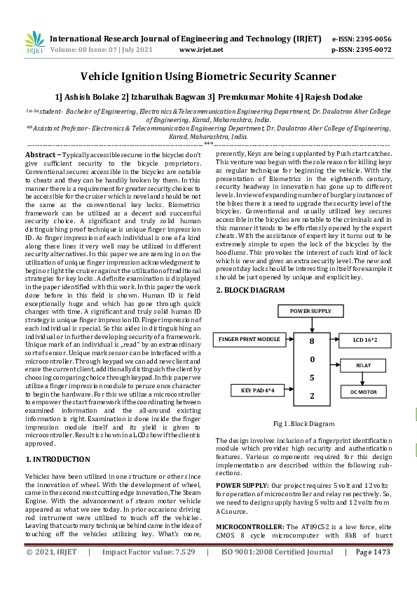 (PDF) Vehicle Ignition Using Biometric Security Scanner