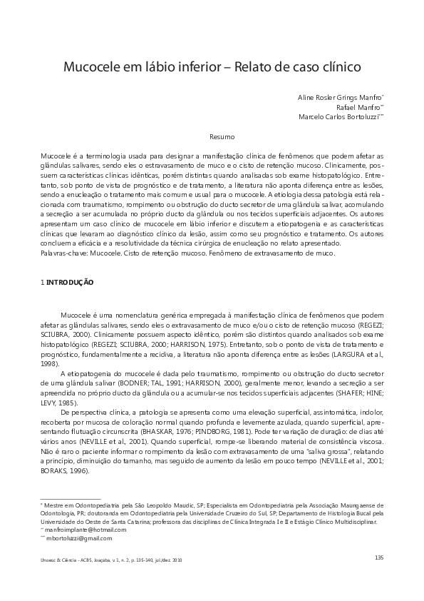 (PDF) Mucocele em lábio inferior – Relato de caso clínico