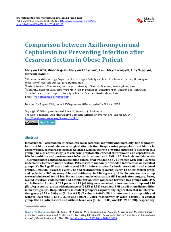 (PDF) Comparison between Azithromycin and Cephalexin for Preventing ...