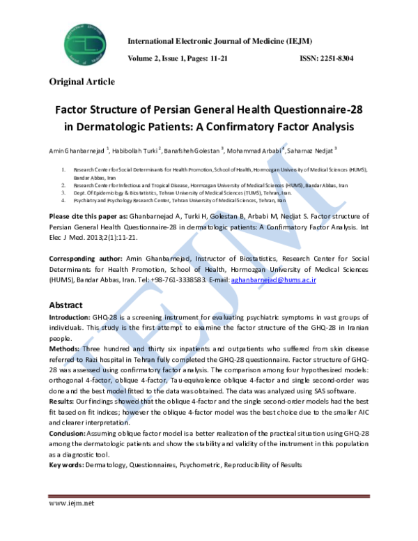 (PDF) Factor Structure of Persian General Health Questionnaire-28 in ...