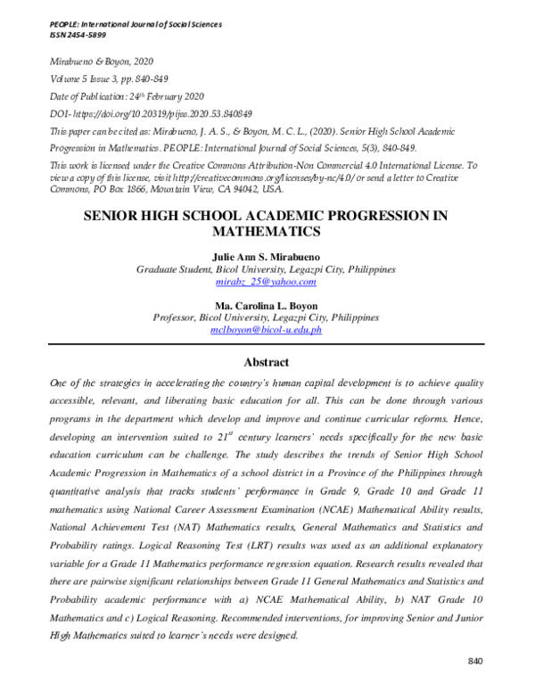 (PDF) Senior High School Academic Progression in Mathematics