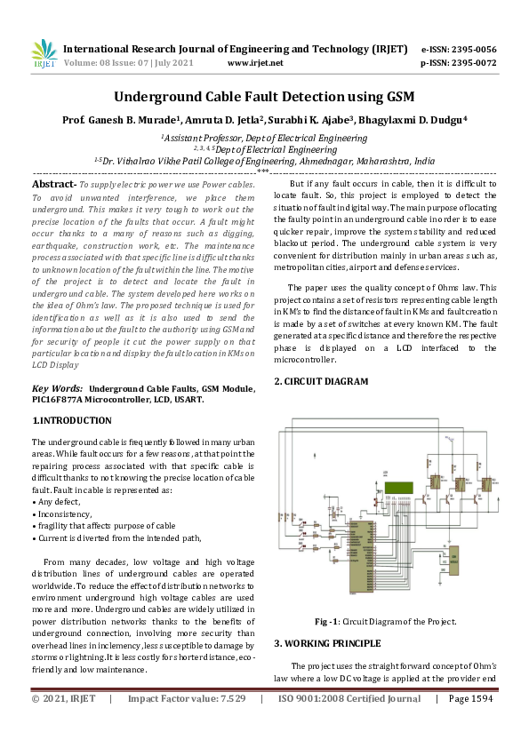 Pdf Underground Cable Fault Detection Using Gsm