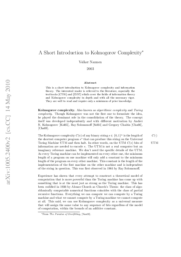(PDF) A Short Introduction to Kolmogorov Complexity