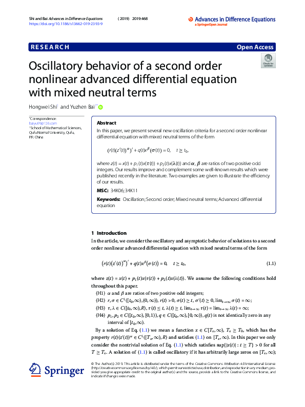 (PDF) Oscillatory behavior of second-order nonlinear neutral differential equations with ...