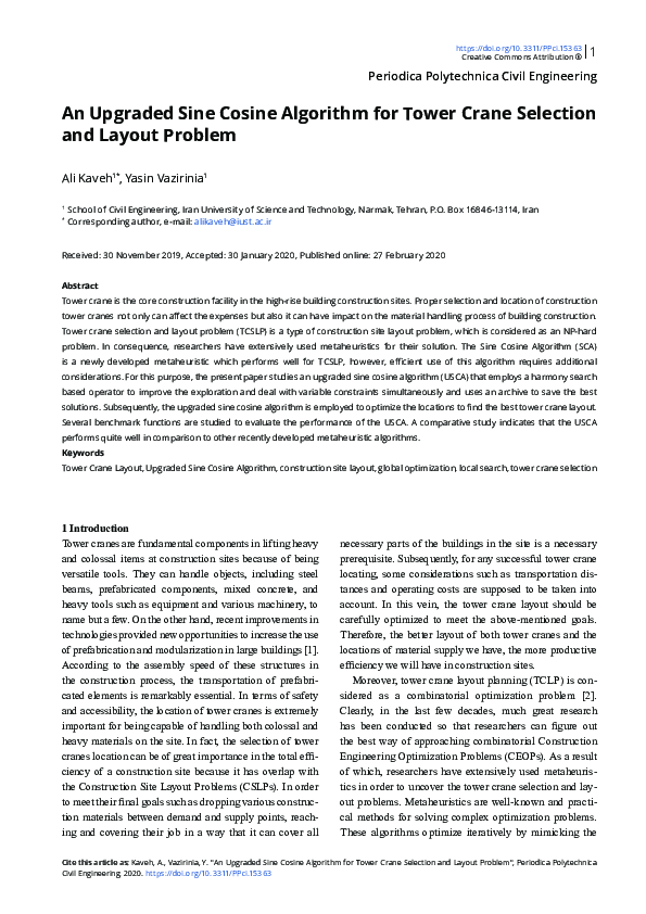 Pdf An Upgraded Sine Cosine Algorithm For Tower Crane Selection And
