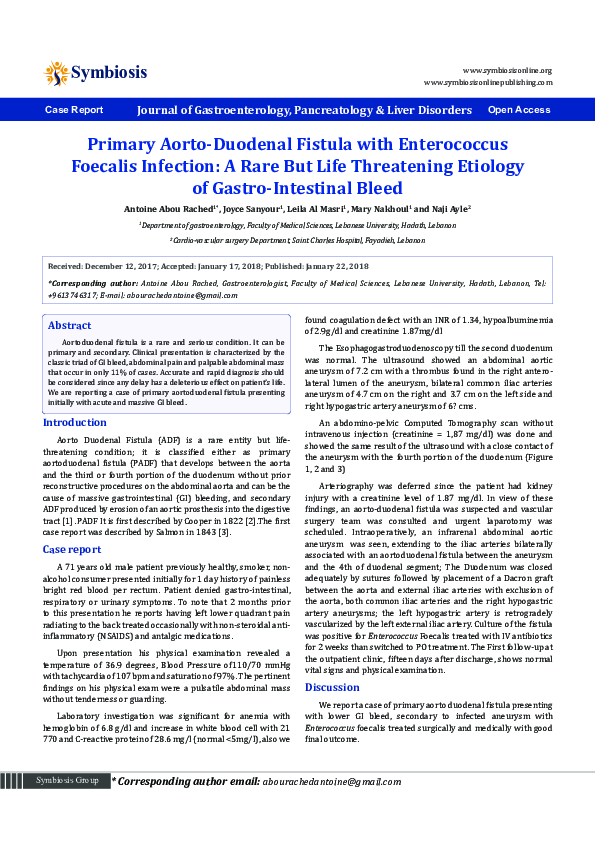 (PDF) Primary Aorto-Duodenal Fistula with Enterococcus Foecalis ...