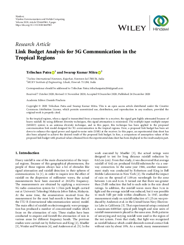 (PDF) Link Budget Analysis for 5G Communication in the Tropical Regions