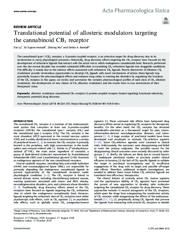 (PDF) Translational potential of allosteric modulators targeting the cannabinoid CB1 receptor