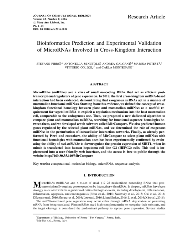 (PDF) Bioinformatics Prediction and Experimental Validation of MicroRNAs Involved in Cross ...