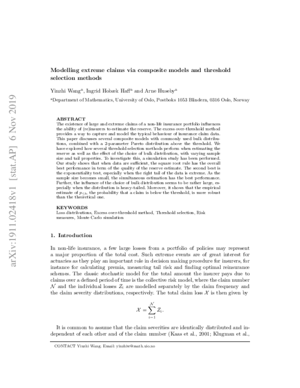 (PDF) Modelling extreme claims via composite models and threshold selection methods