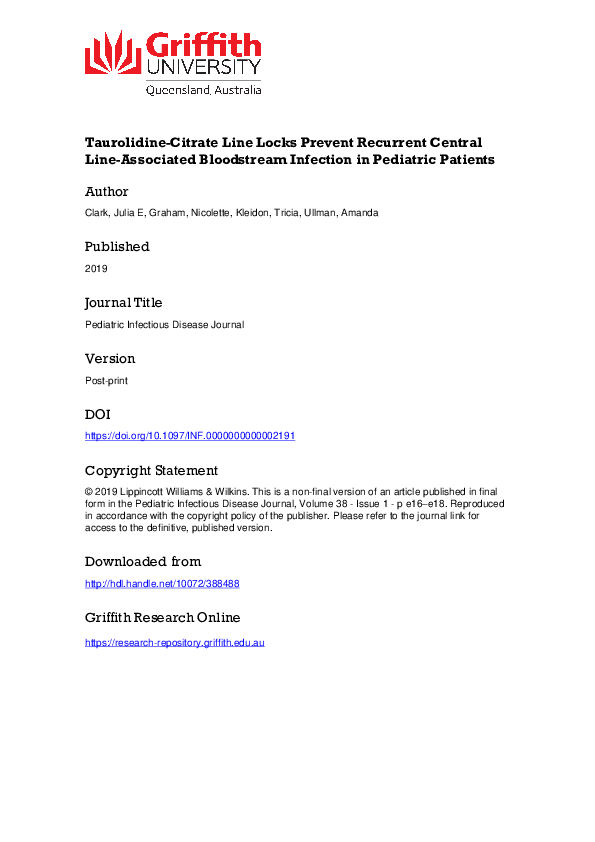 (PDF) Taurolidine-Citrate Line Locks Prevent Recurrent Central Line ...