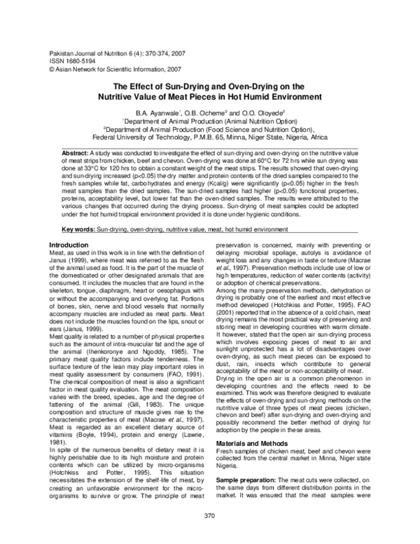 Pdf The Effect Of Sun Drying And Oven Drying On The Nutritive Value