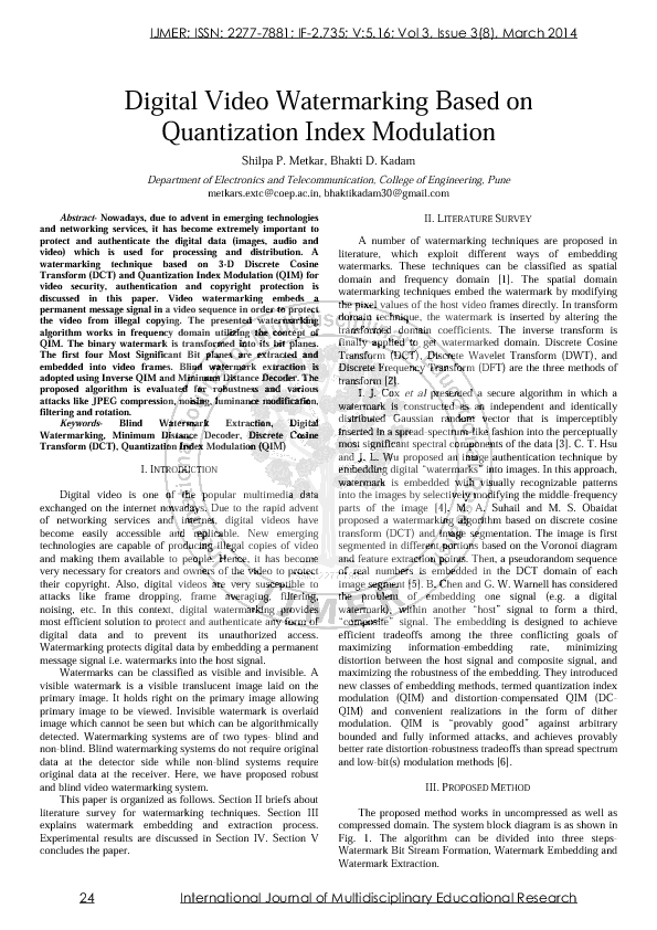 (PDF) Digital Video Watermarking Based on Quantization Index Modulation