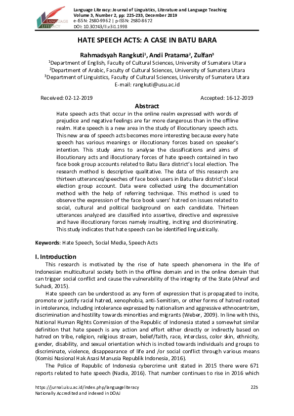 (PDF) Hate Speech Acts: A Case in Batu Bara