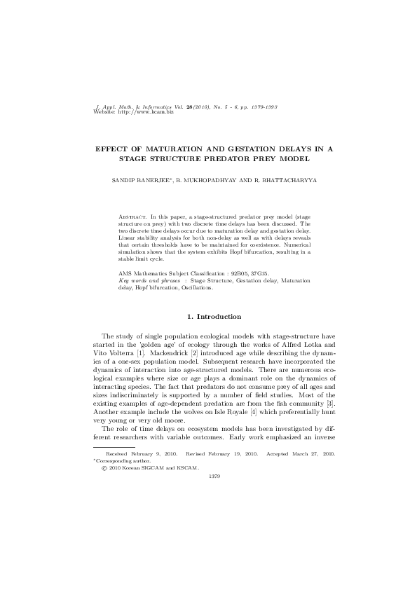 (PDF) Effect of maturation and gestation delays in a stage structure predator prey model