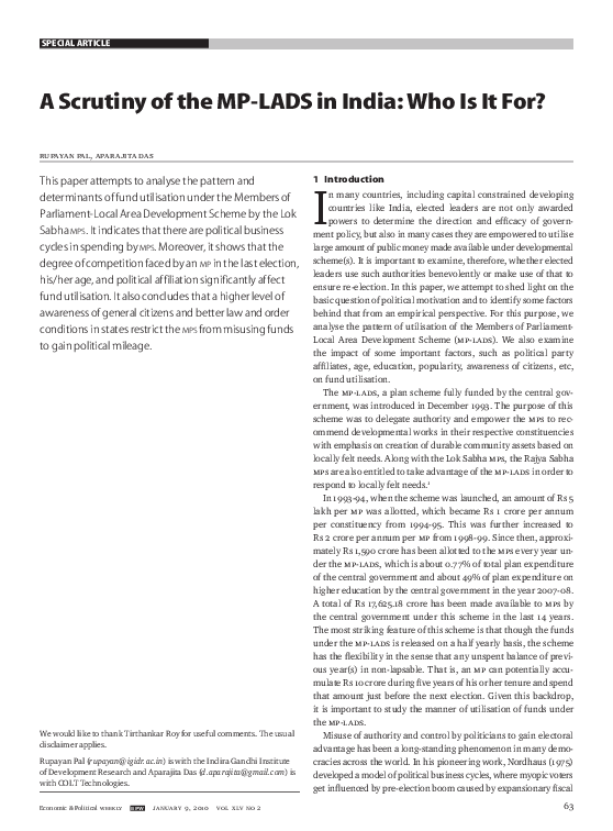 (PDF) A scrutiny of the MPLADS in India: who is it for?