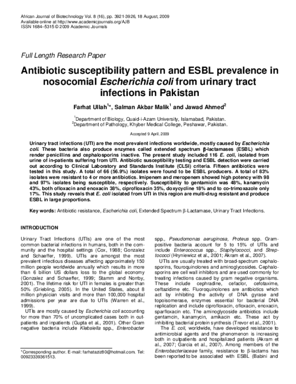 (PDF) Antibiotic susceptibility pattern and ESBL prevalence in ...