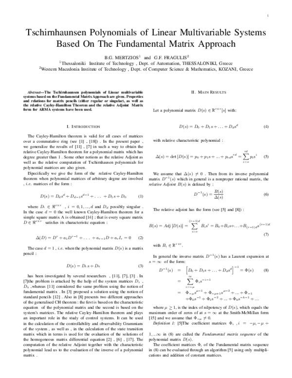 (PDF) Tschirnhausen Polynomials of Linear Multivariable Systems Based ...