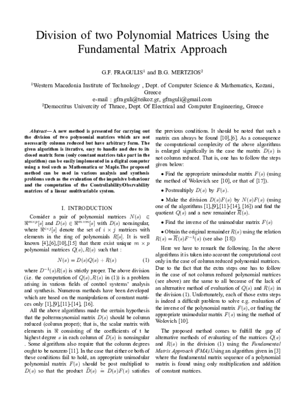 (PDF) Division of two Polynomial Matrices Using the Fundamental Matrix Approach