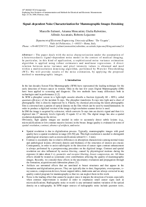 (PDF) Signal-dependent Noise Characterization for Mammographic Images Denoising