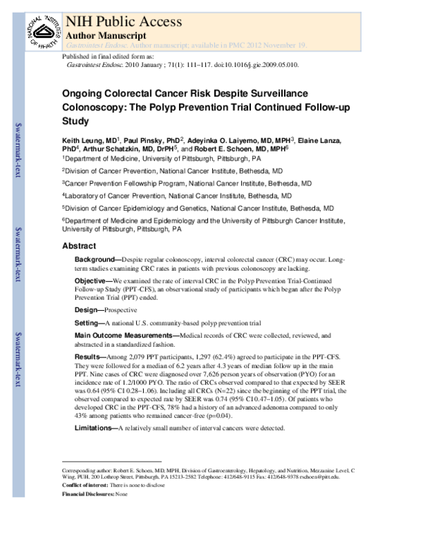 (PDF) Ongoing colorectal cancer risk despite surveillance colonoscopy ...